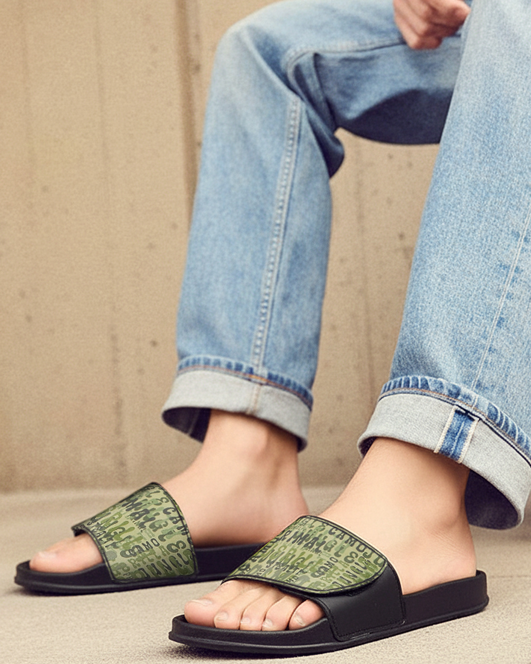 Buy Men's Black Guerilla Camo Printed Velcro Sliders Online in India at ...