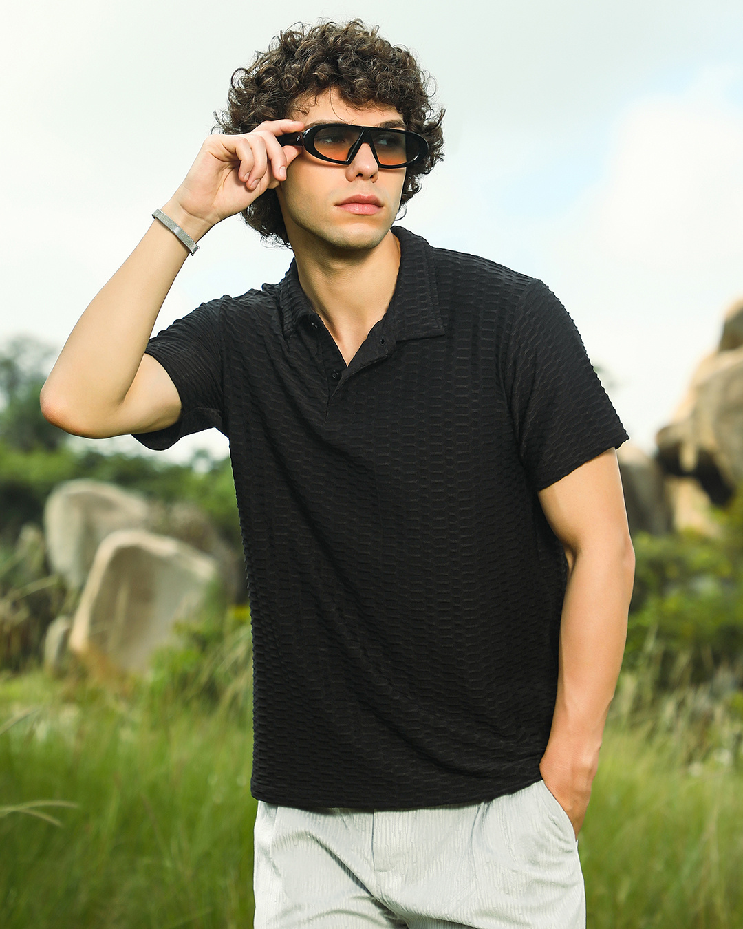 Buy Men's Black Hive Textured Polo T-shirt Online at Bewakoof