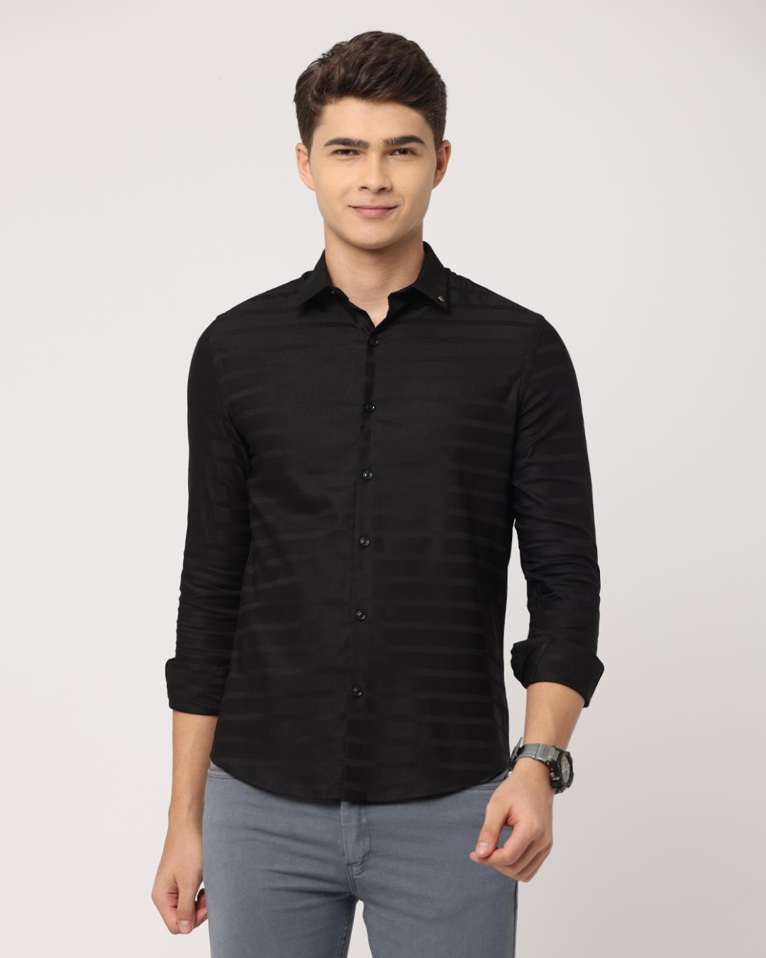 Buy Men's Black Horizontal Striped Slim Fit Shirt Online at Bewakoof