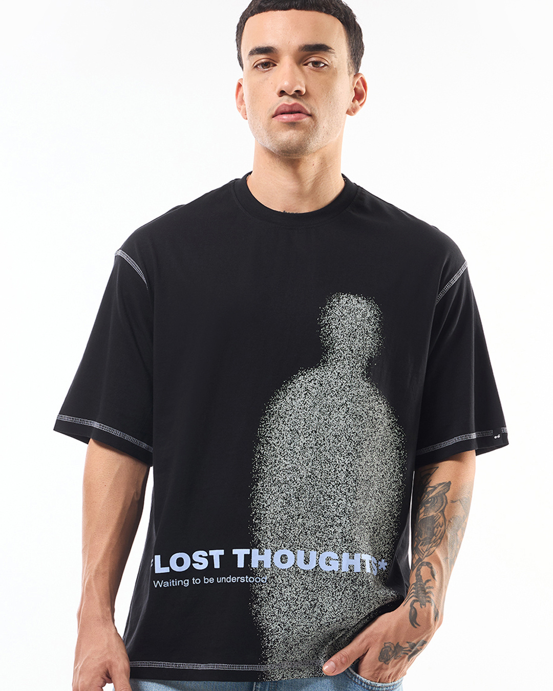Buy Men's Black Lost Graphic Printed Super Loose Fit T-shirt Online at ...