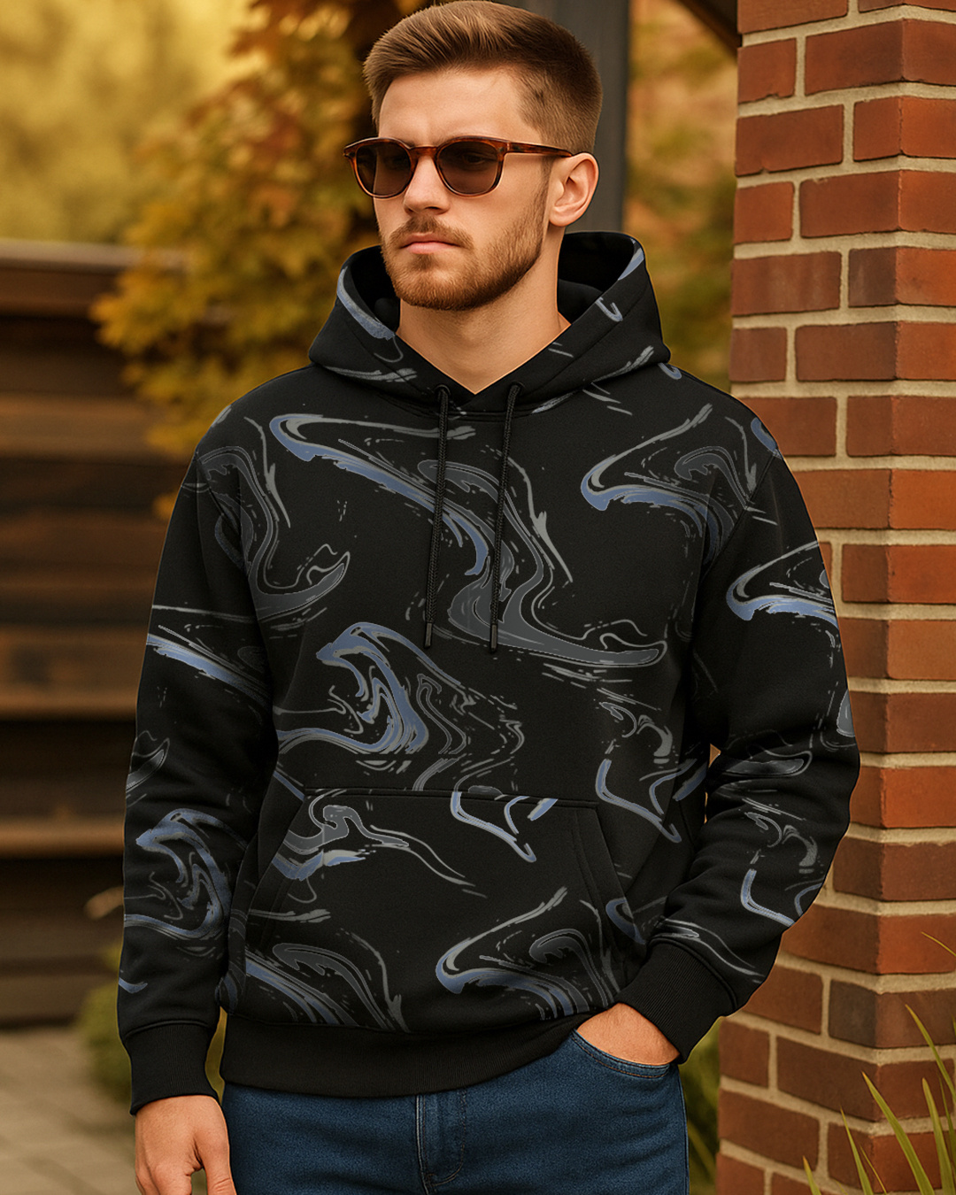 Buy Men's Black Marble Printed Oversized Hoodies Online at Bewakoof
