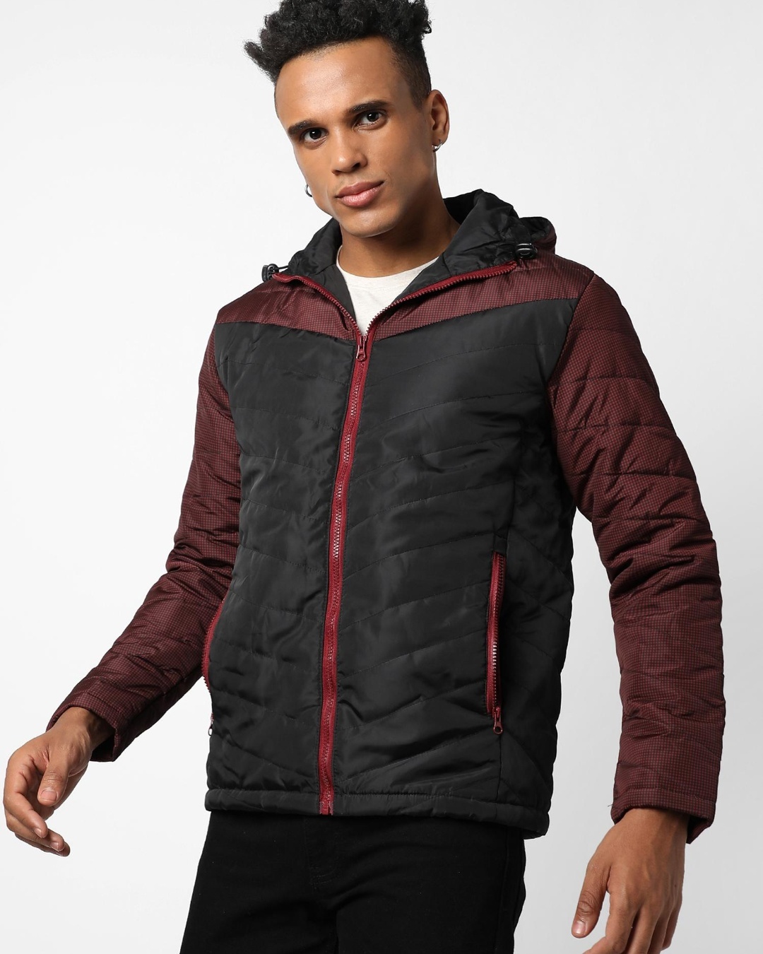 Buy Men's Black & Maroon Color Block Hoodie Bomber Jacket Online in ...