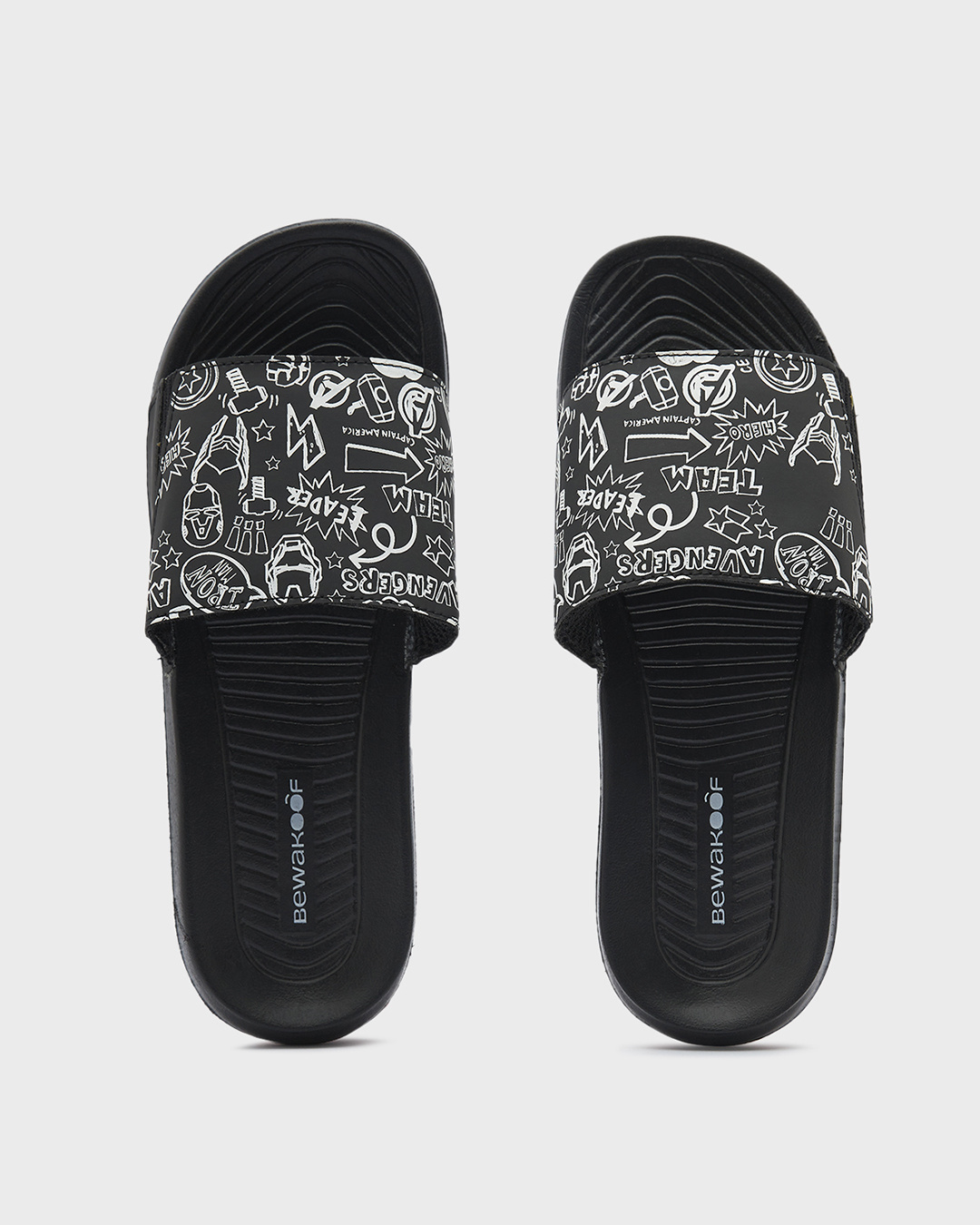 Buy Men's Black Marvel Doodle Printed Elastic Sliders Online in India ...