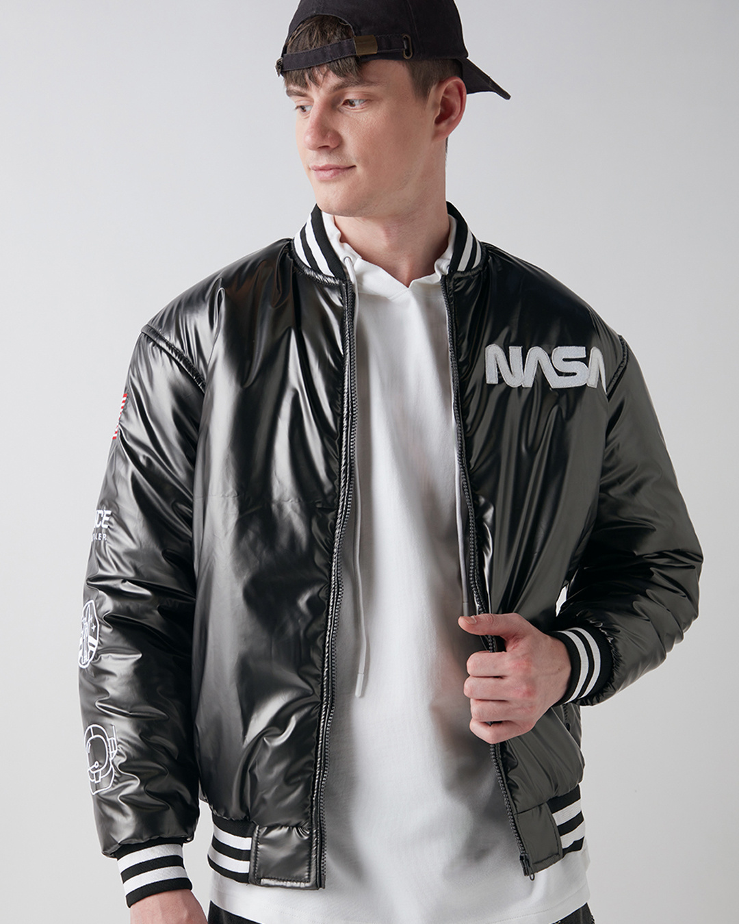 Buy Men's Black Nasa Graphic Printed Oversized Bomber Jacket Online at ...