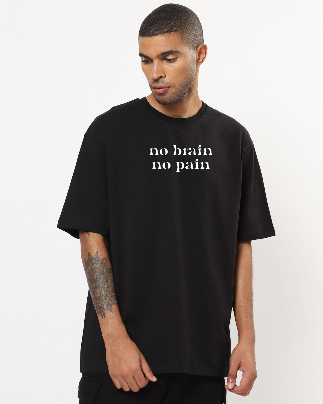 Buy Men's Black No Brain No Pain Typography Oversized T-shirt Online at ...