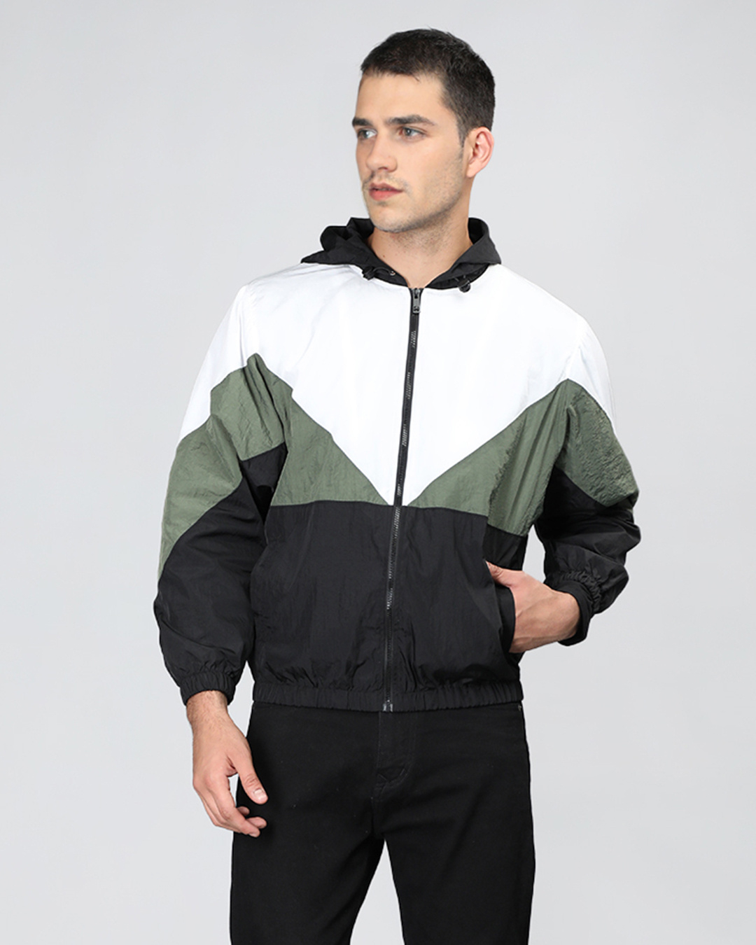 Buy Men's Black & Olive Green Color Block Wind Cheater Jacket Online at ...