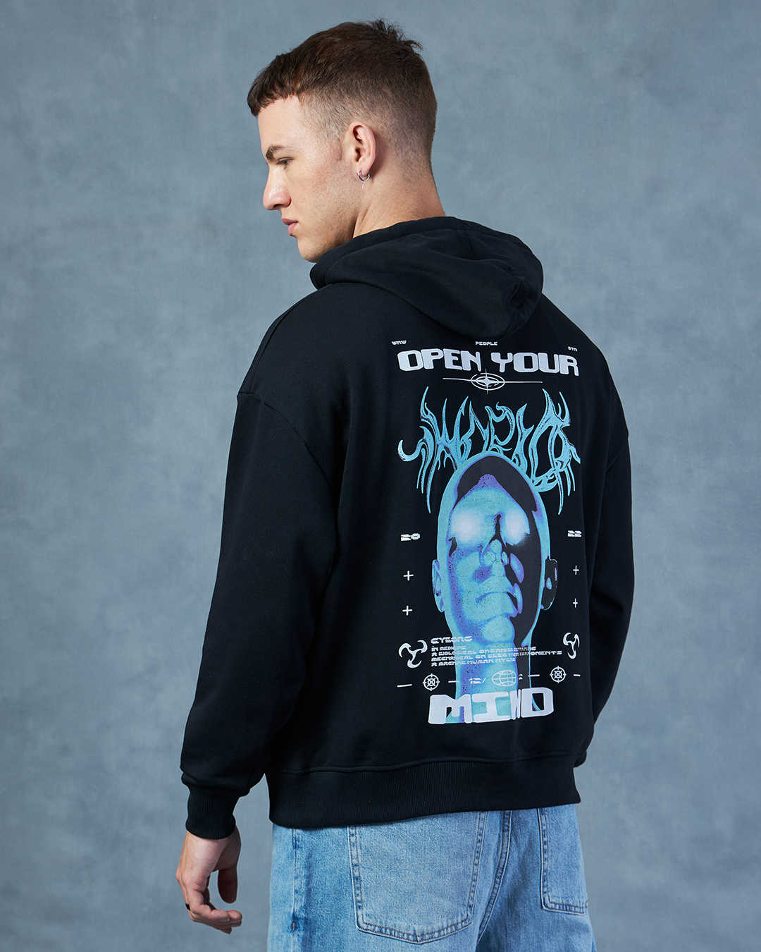 Buy Men's Black Open Your Mind Graphic Printed Oversized Hoodies Online at Bewakoof