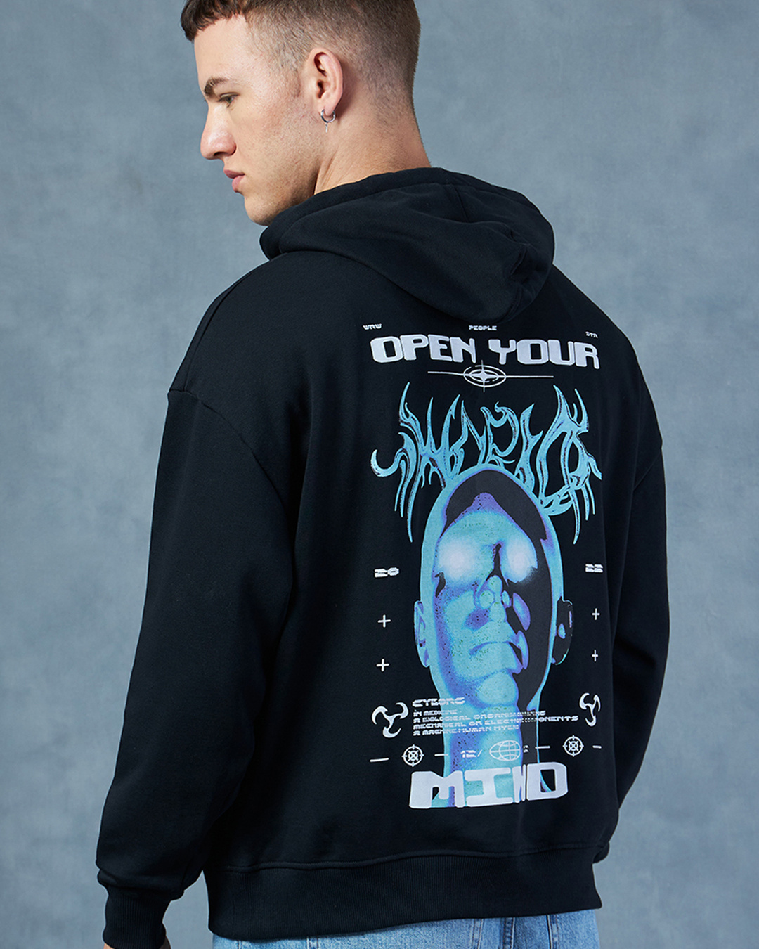 Buy Men's Black Open Your Mind Graphic Printed Oversized Hoodies Online at Bewakoof