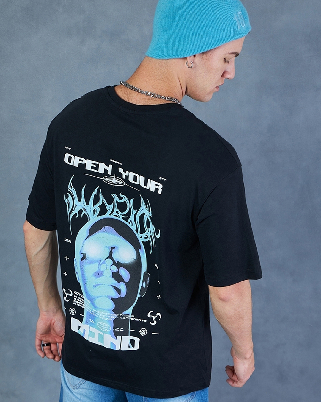 Buy Men's Black Open Your Mind Graphic Printed Oversized T-shirt Online at Bewakoof