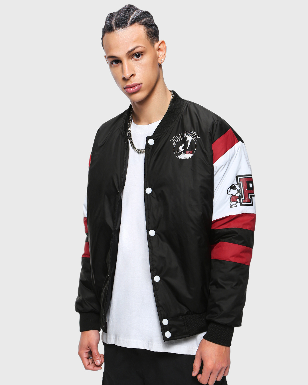 Buy Men's Black Peanuts Typography Oversized Bomber Jacket Online at ...