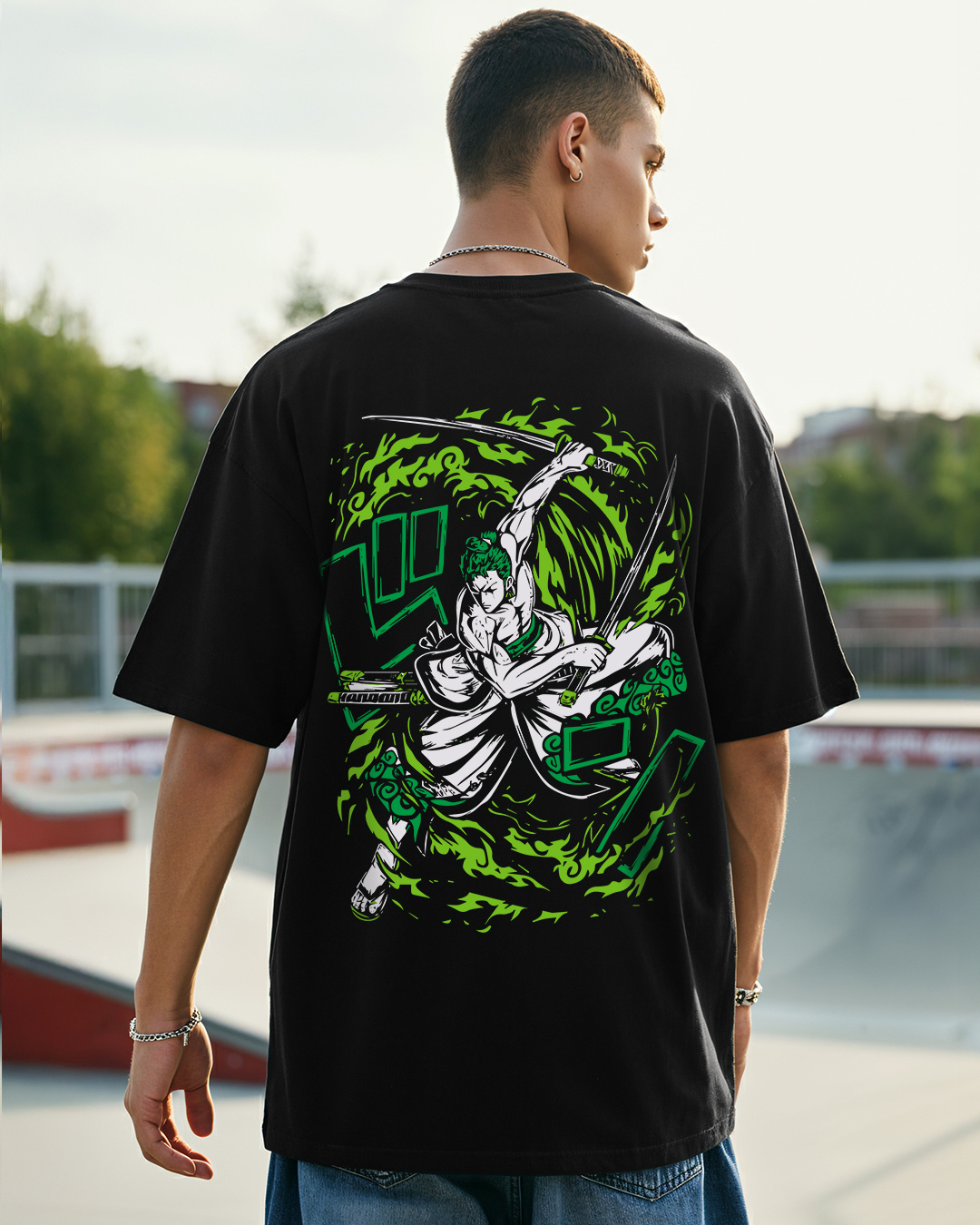 Buy Men's Black Pirate Hunter Zoro Graphic Printed Oversized T-shirt Online at Bewakoof