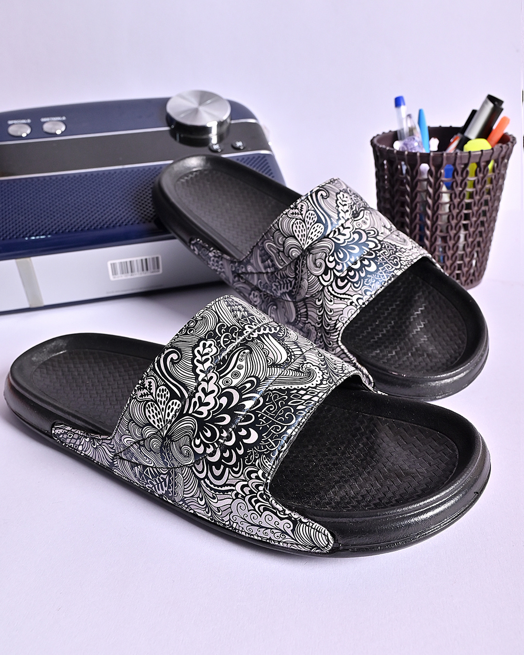 Buy Men's Black Printed Sliders Online in India at Bewakoof