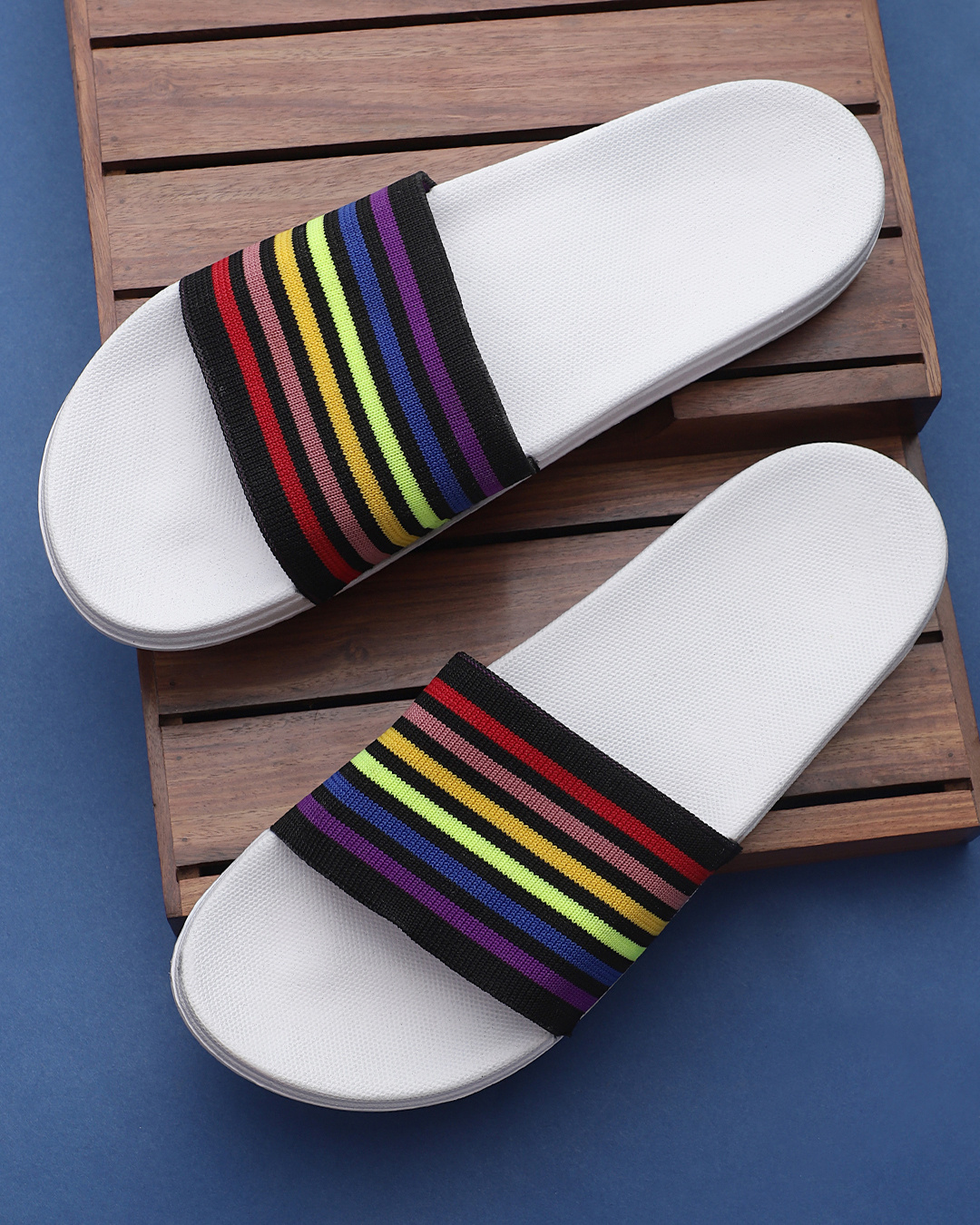 Buy Men's Black Rainbow Striped Sliders Online in India at Bewakoof