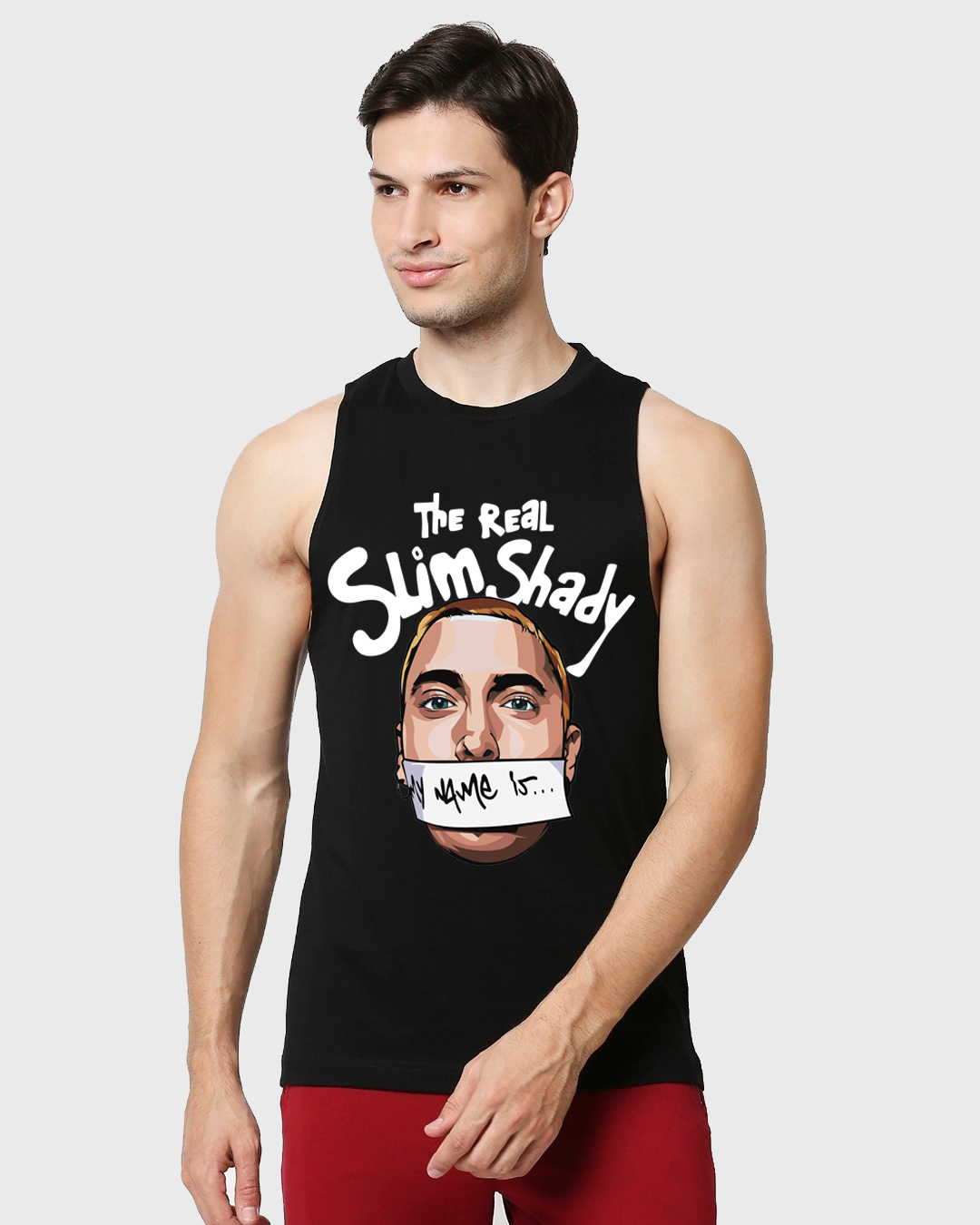 Buy Men's Black Real Slim Shady Graphic Printed Vest Online at Bewakoof