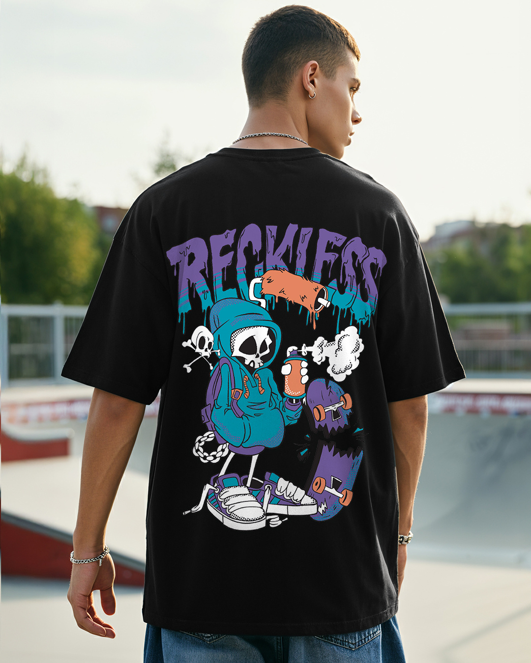 Buy Men's Black Reckless Graphic Printed Oversized T-shirt Online at ...