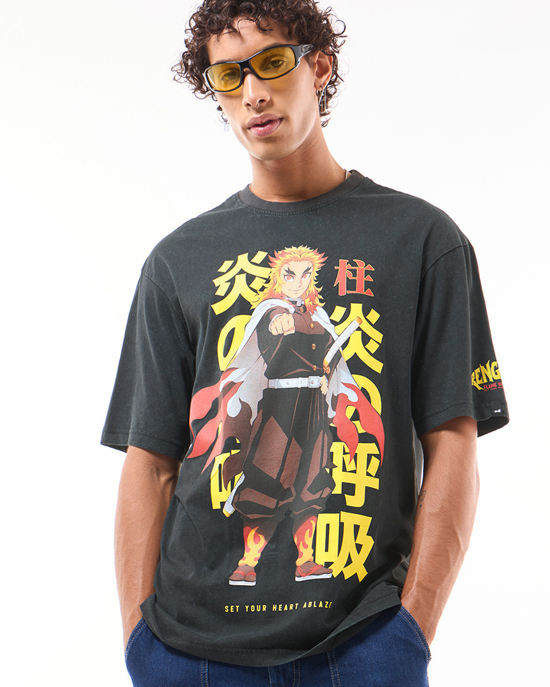 Buy Men's Black Rengoku Heart Ablaze Graphic Printed Oversized Acid ...