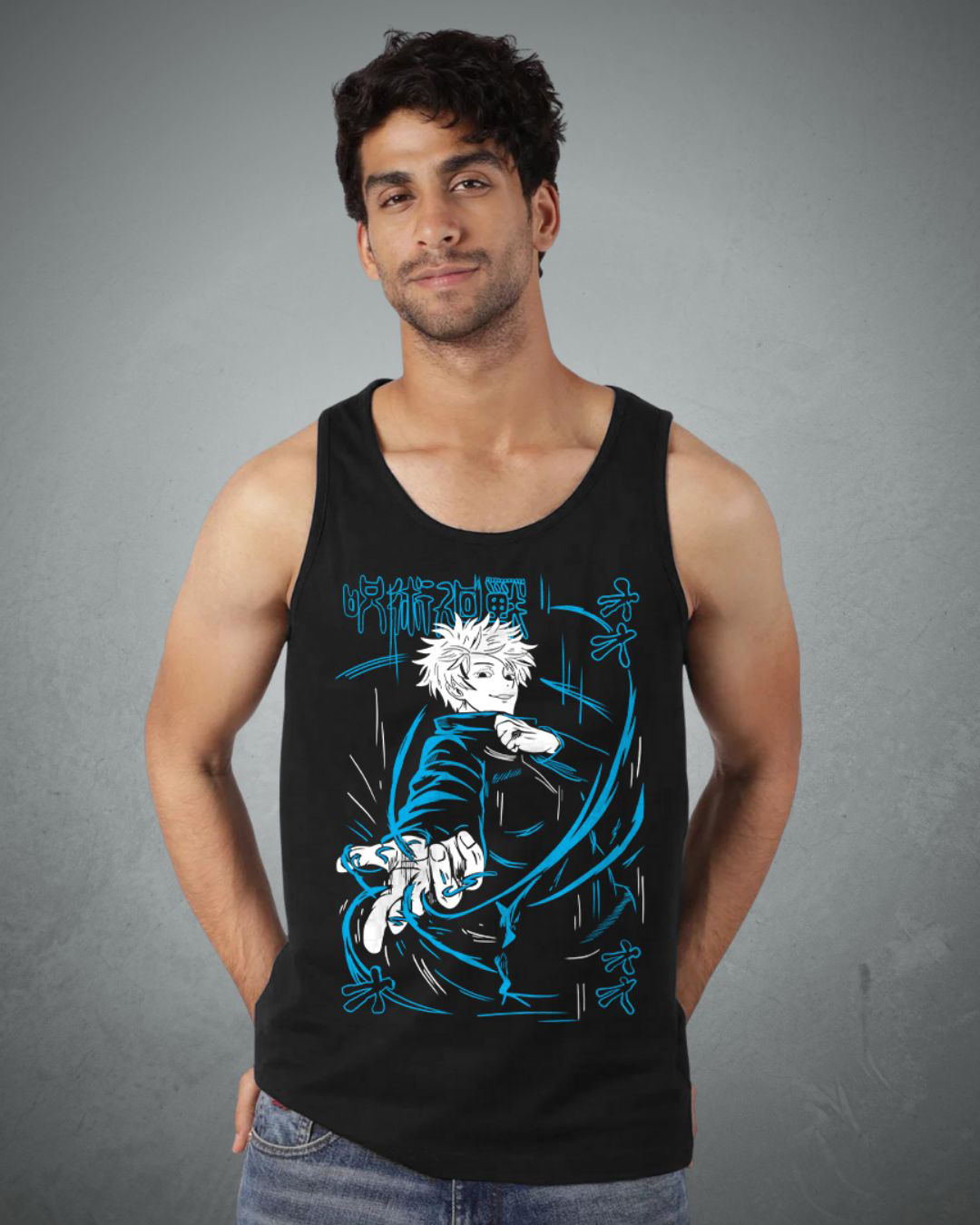 Buy Men's Black Satoru Gojo Graphic Printed Cotton Vest Online at Bewakoof