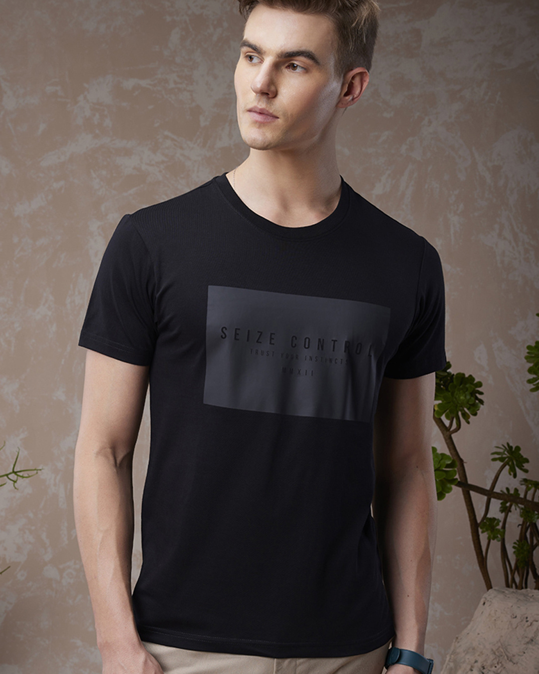 Buy Men's Black Seize Control Typography T-shirt Online at Bewakoof