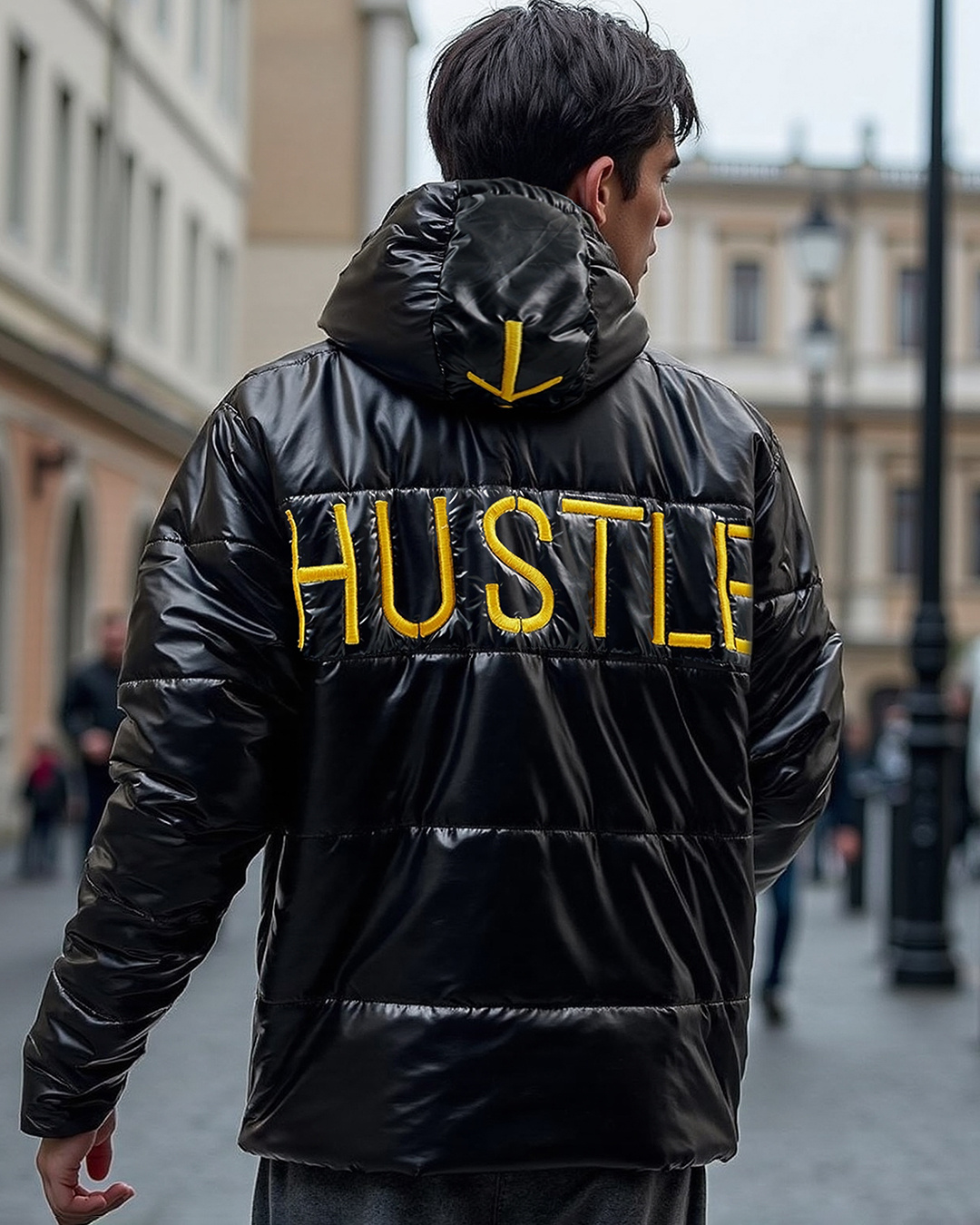 Buy Men's Black Shine Hustle Typography Oversized Puffer Jacket Online ...
