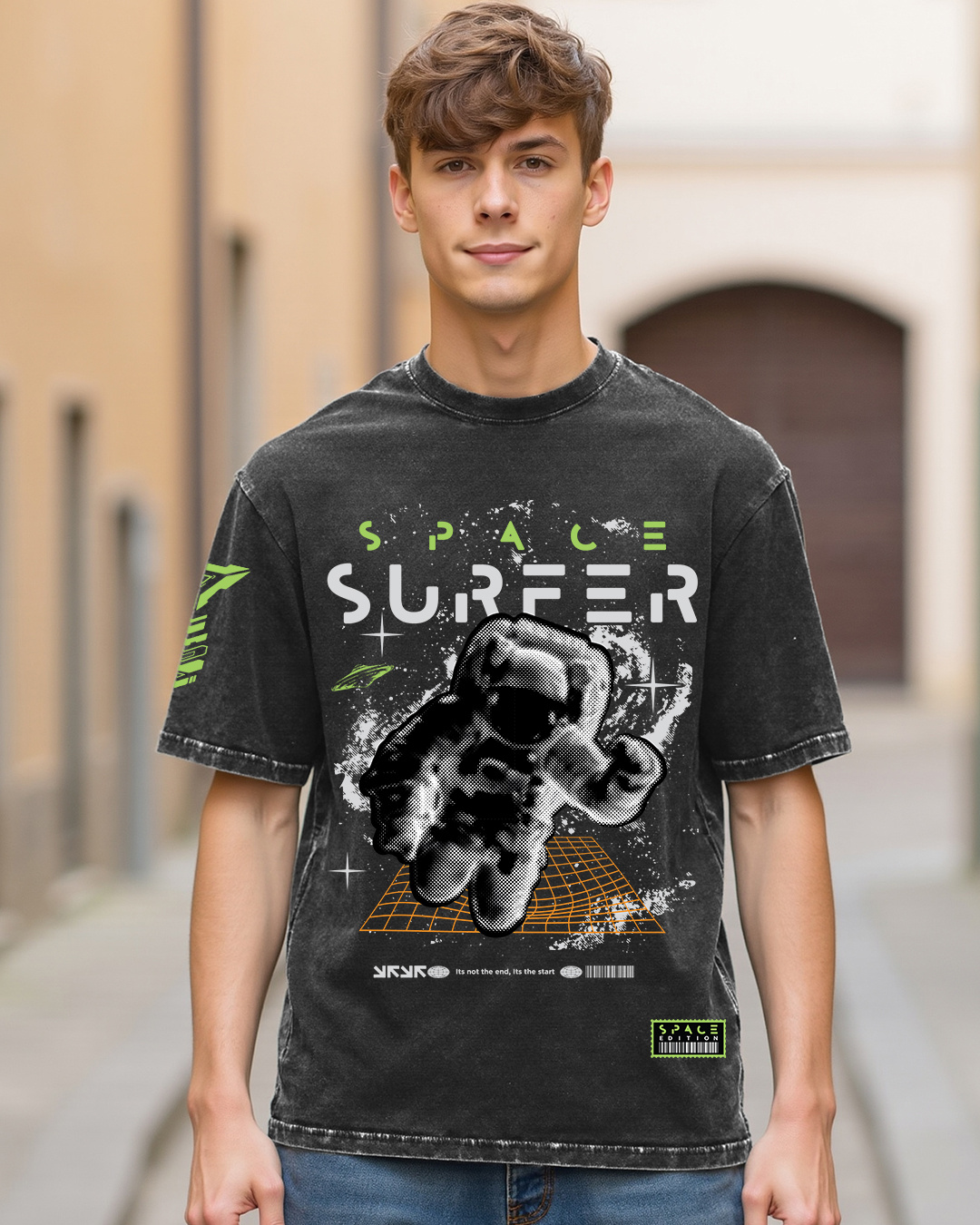 Buy Men's Black Space Surfer Graphic Printed Oversized Acid Wash T ...