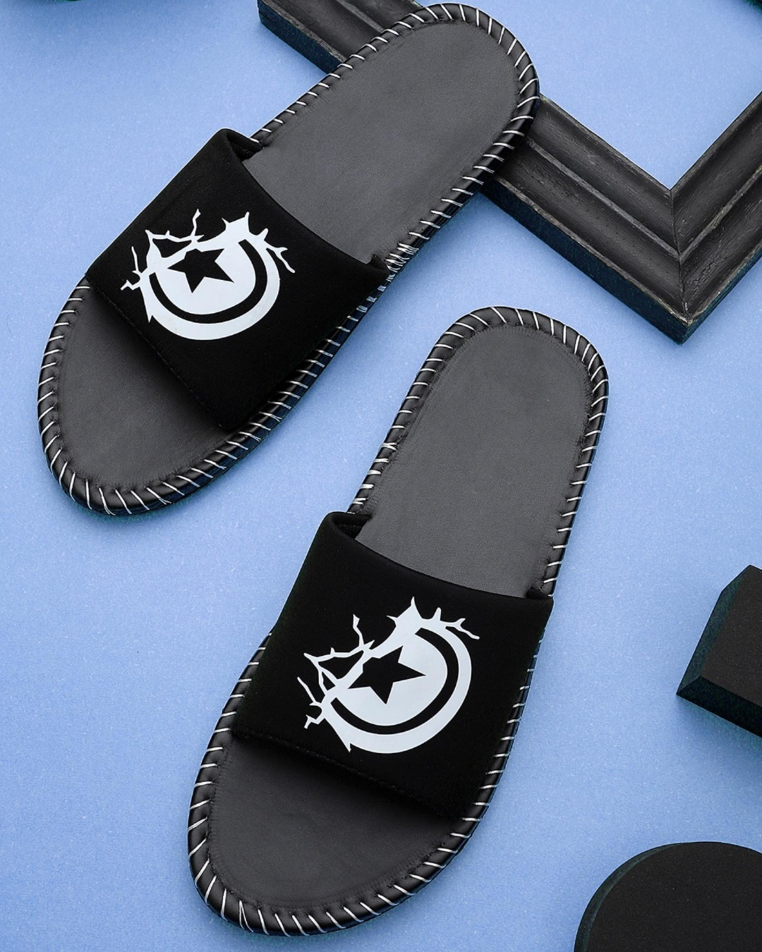 Buy Men's Black Star Printed Sliders Online in India at Bewakoof