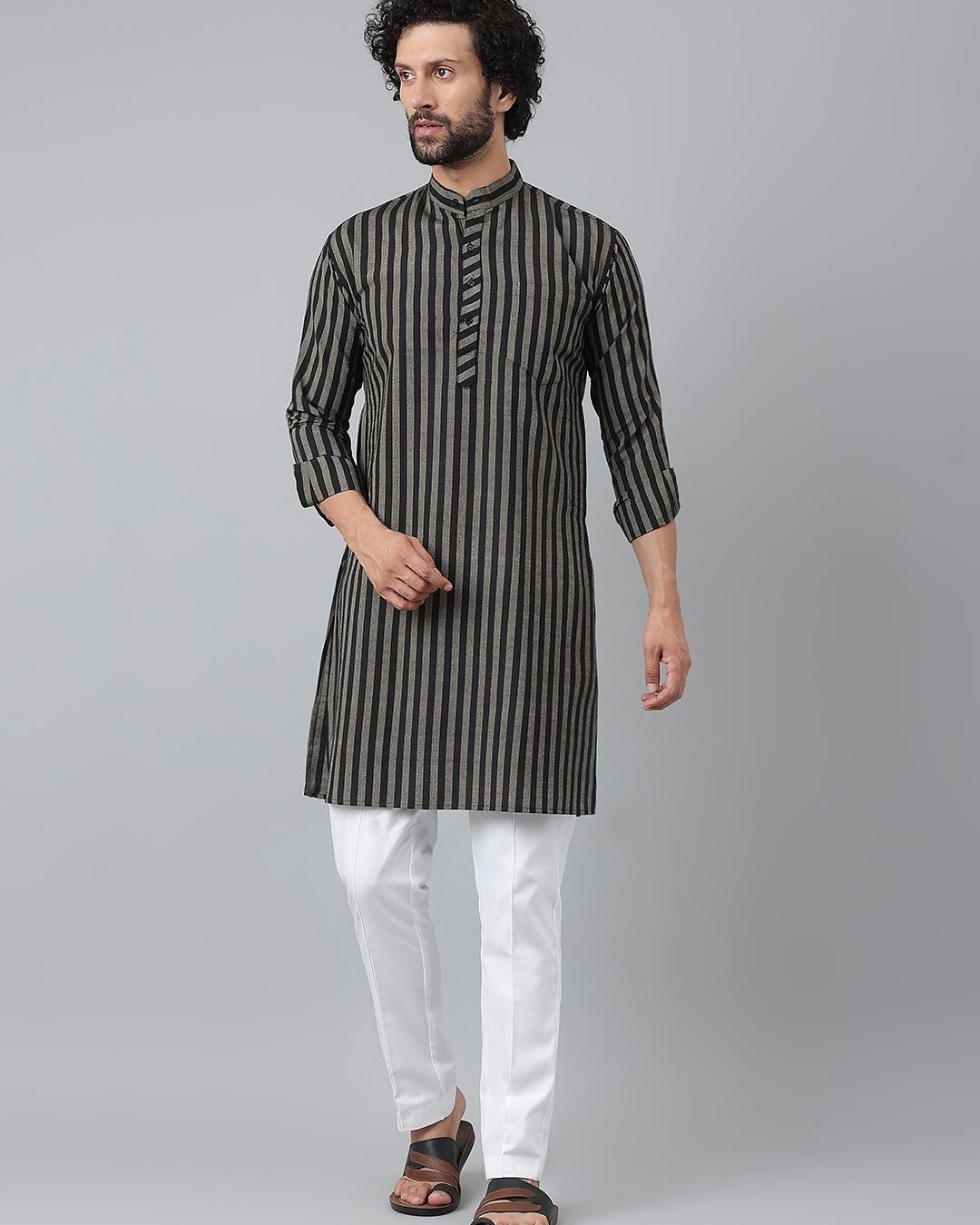 Buy Men's Black Striped Kurta with White Pyjama Set Online in India at ...