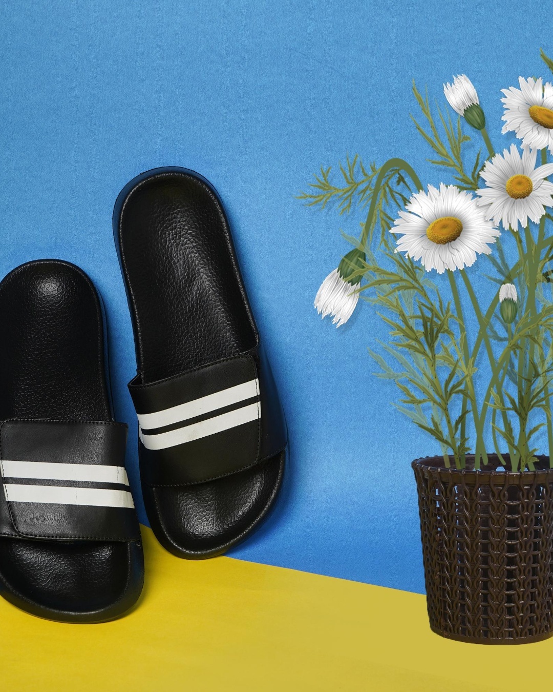 Buy Men's Black Striped Velcro Sliders Online in India at Bewakoof