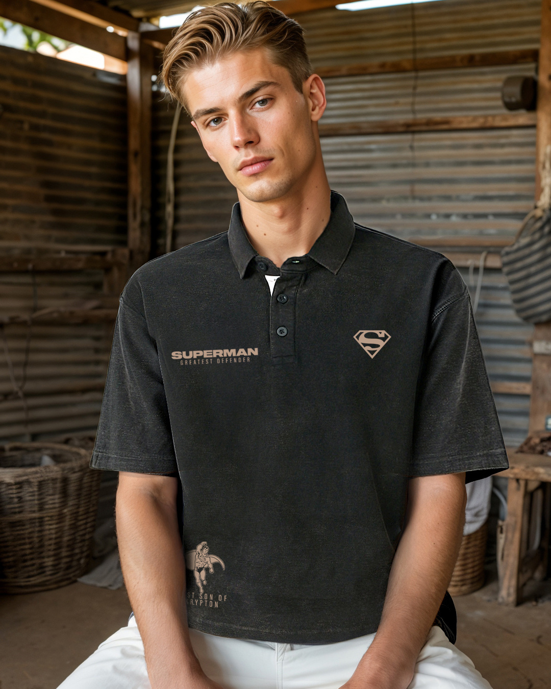 Buy Men's Black Superman Graphic Printed Oversized Acid Wash Polo T-shirt Online at Bewakoof