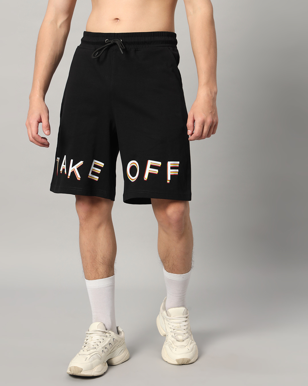Buy Men's Black Take Off Typography Relaxed Fit Shorts Online at Bewakoof