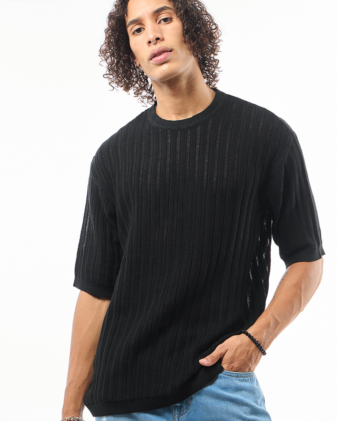 Buy Men's Black Textured Oversized Flatknit T-shirt Online at Bewakoof