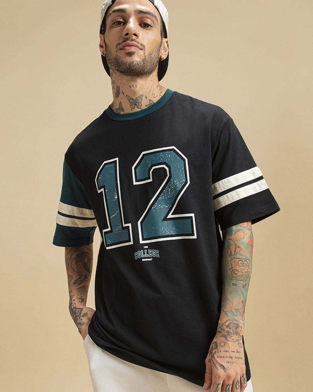 Buy Men's Black Varsity 12 Typography Oversized T-shirt Online at Bewakoof