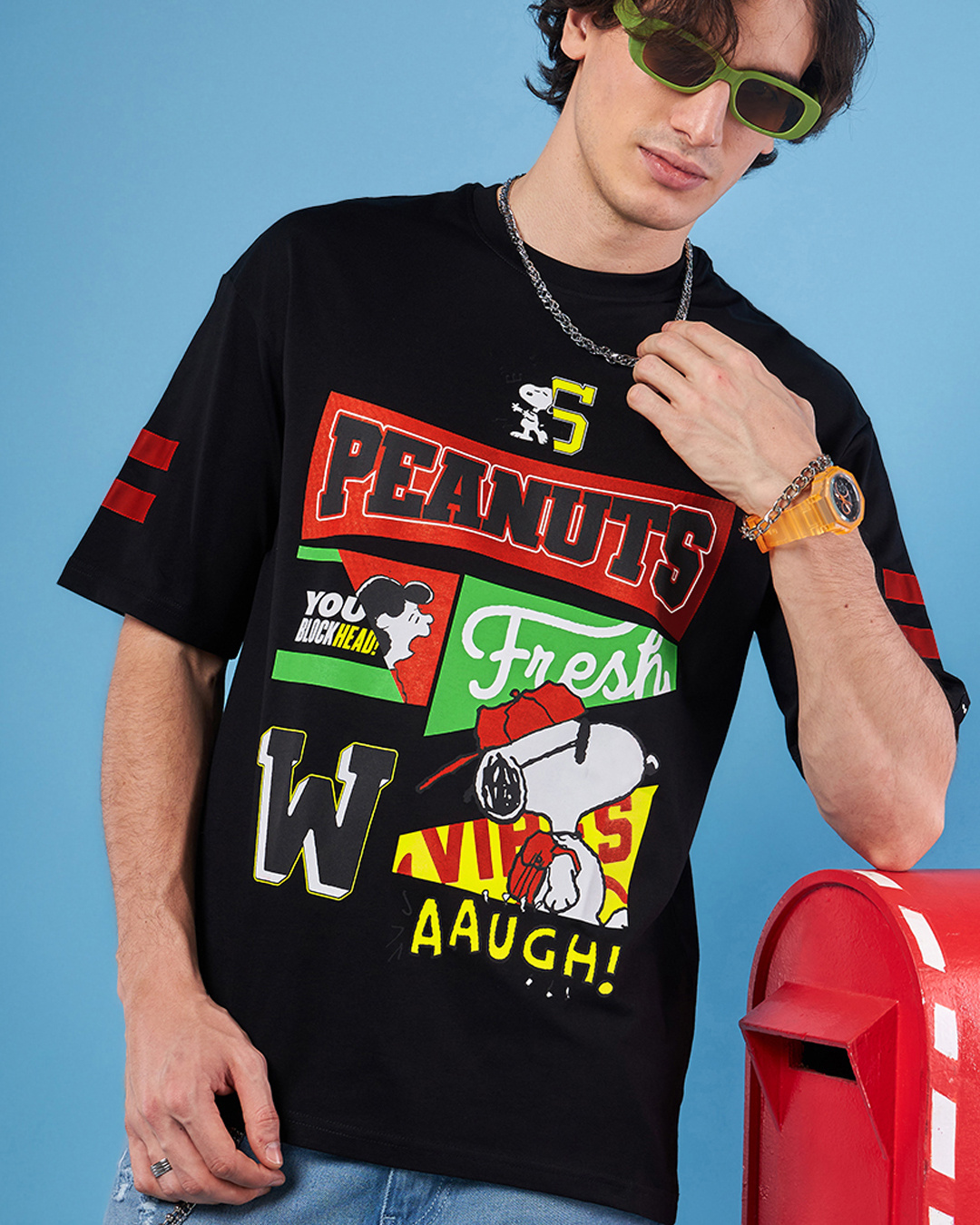 Buy Men's Black Varsity Peanuts Graphic Printed Oversized T-shirt ...