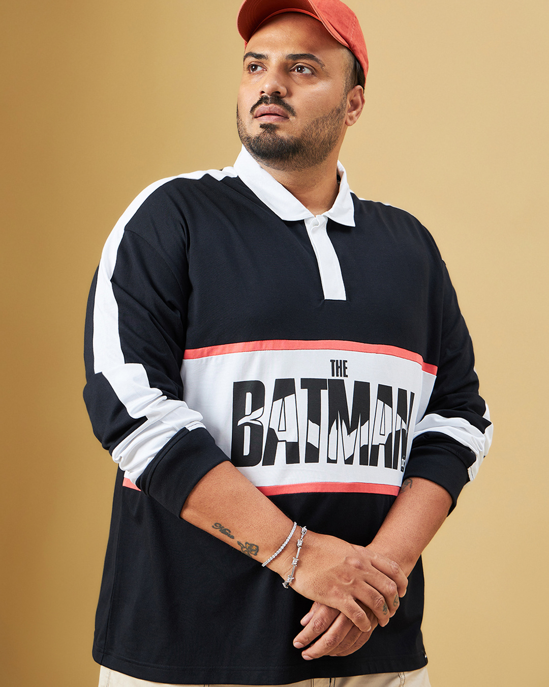 Buy Men's Black & White Batman Typography Oversized Plus Size Polo T-shirt Online at Bewakoof