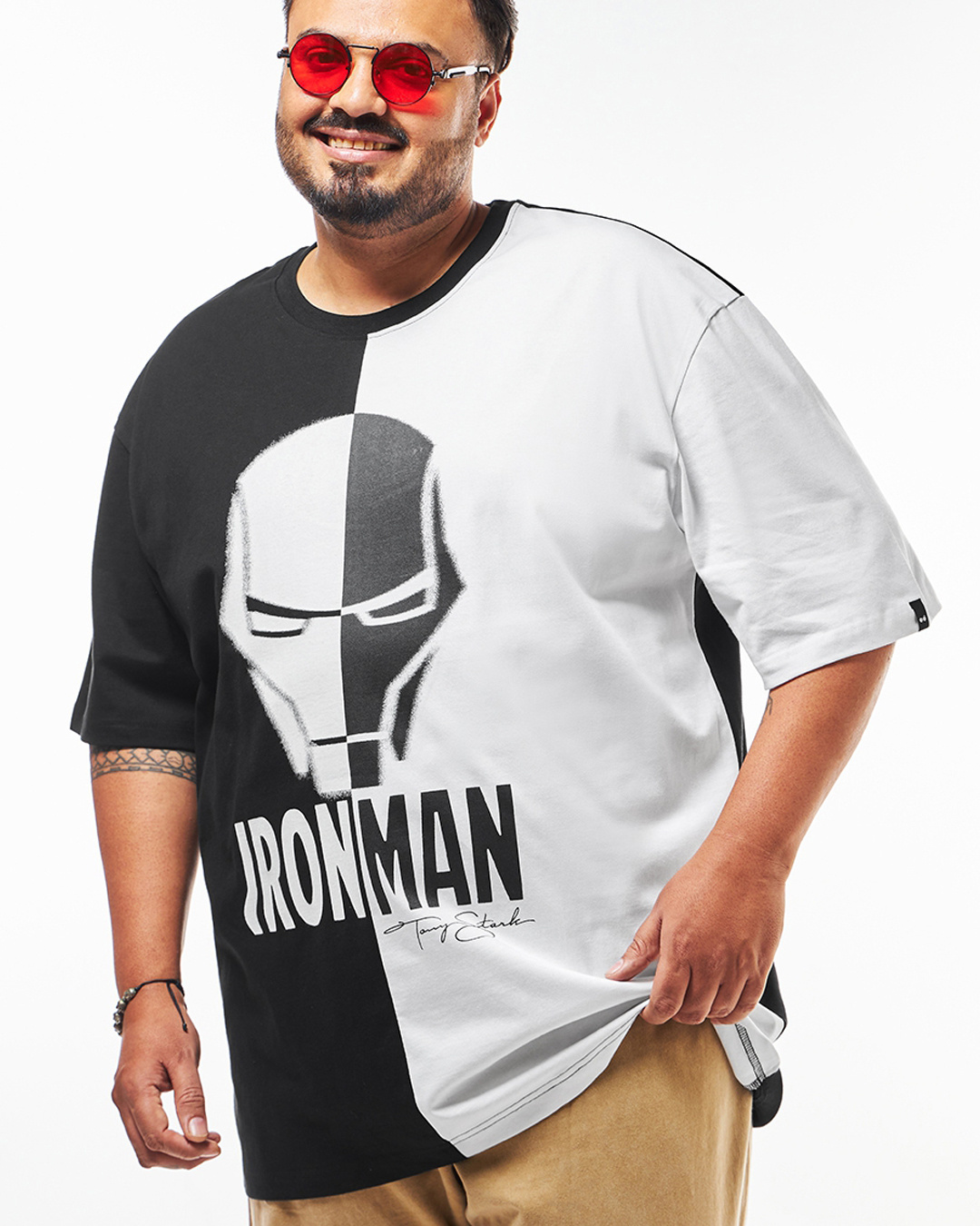 Buy Men's Black & White Iron Man Graphic Printed Oversized Plus Size T-shirt Online at Bewakoof