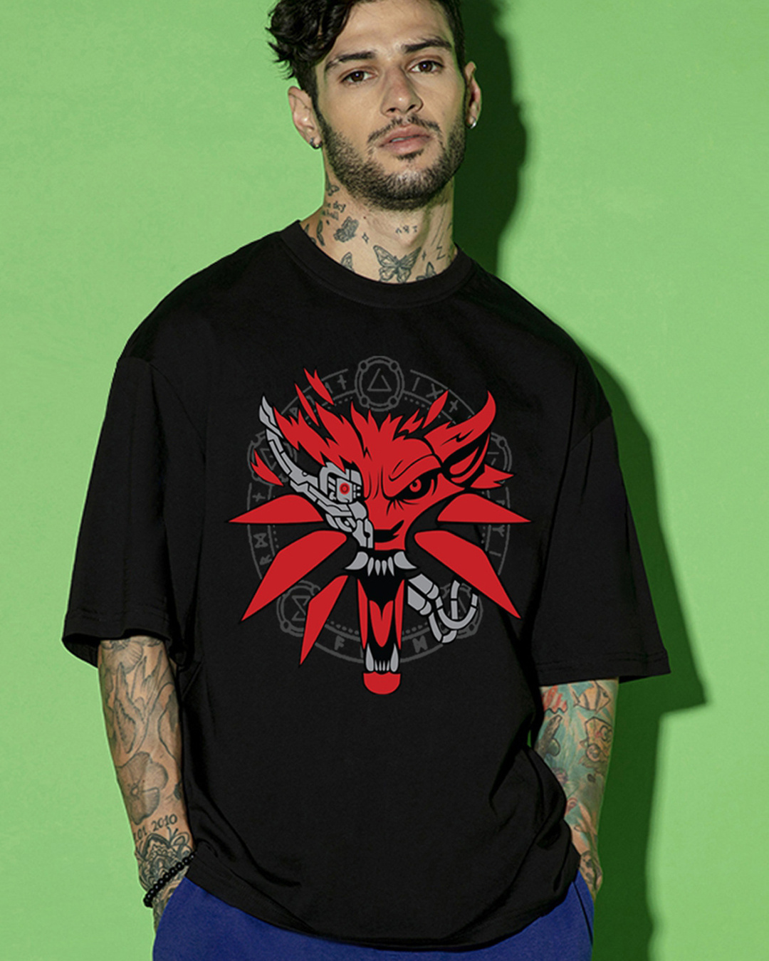 Buy Men's Black White Wolf Graphic Printed Oversized T-shirt Online at ...