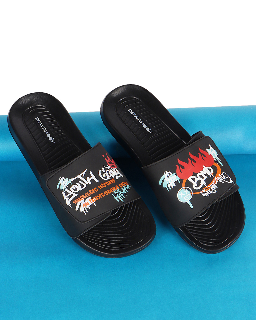 Buy Men's Black Youth Gang Printed Sliders Online in India at Bewakoof