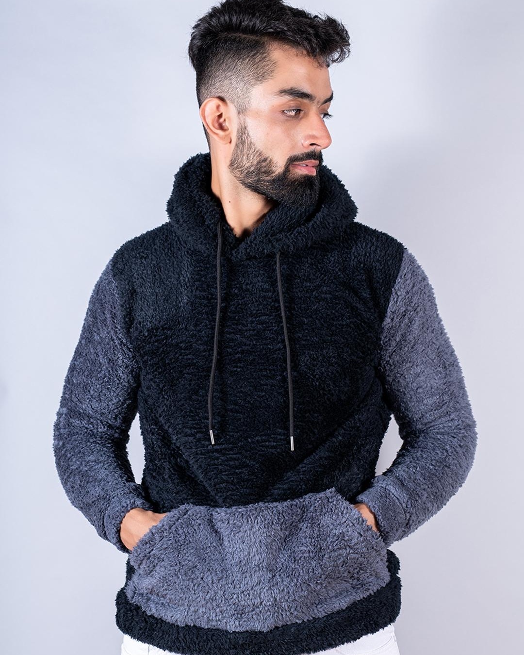 Buy Men's Blue & Grey Color Block Relaxed Fit Sherpa Hoodie Online at ...