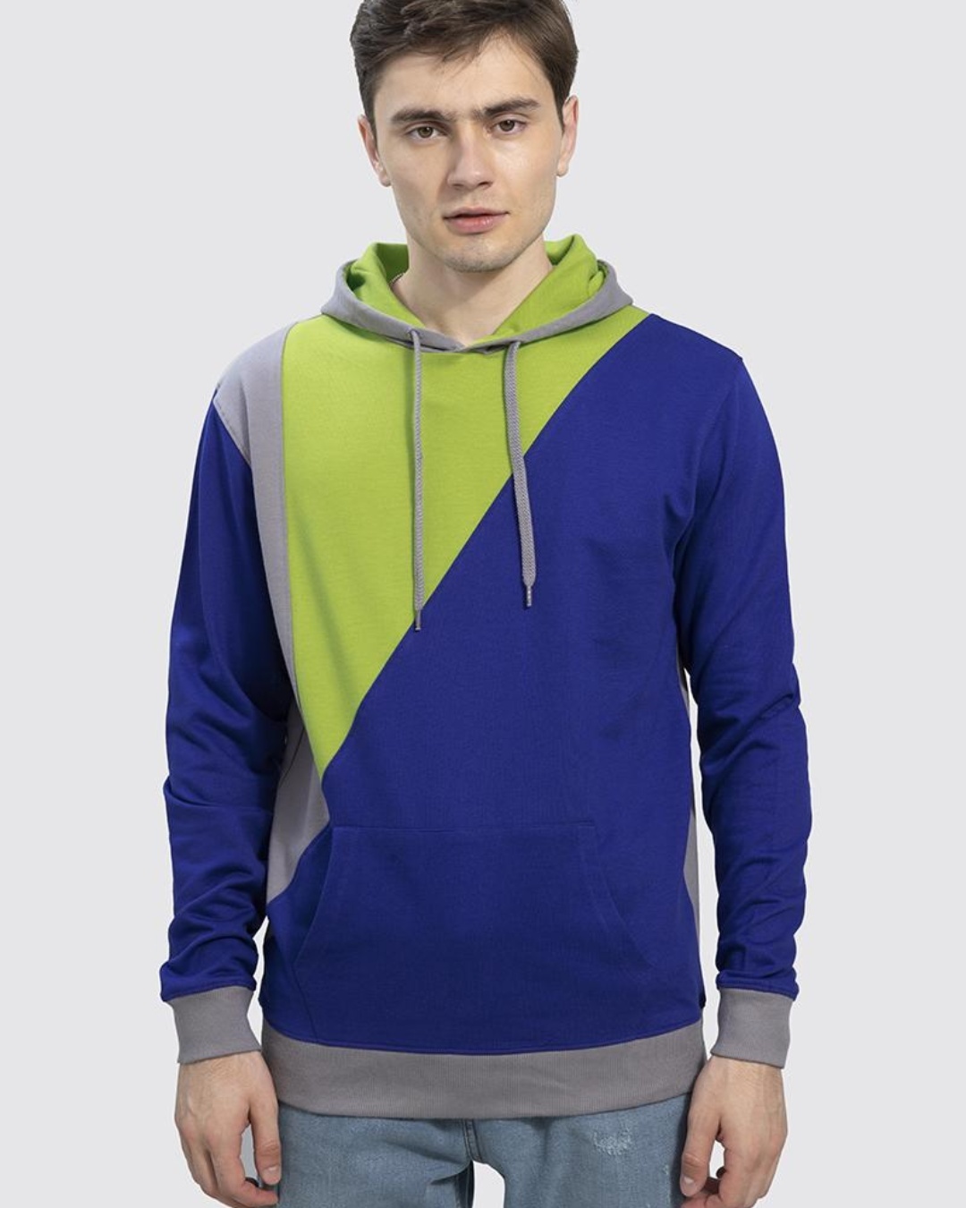Buy Men's Blue & Grey Color Block Slim Fit Hooded Sweatshirt Online at ...