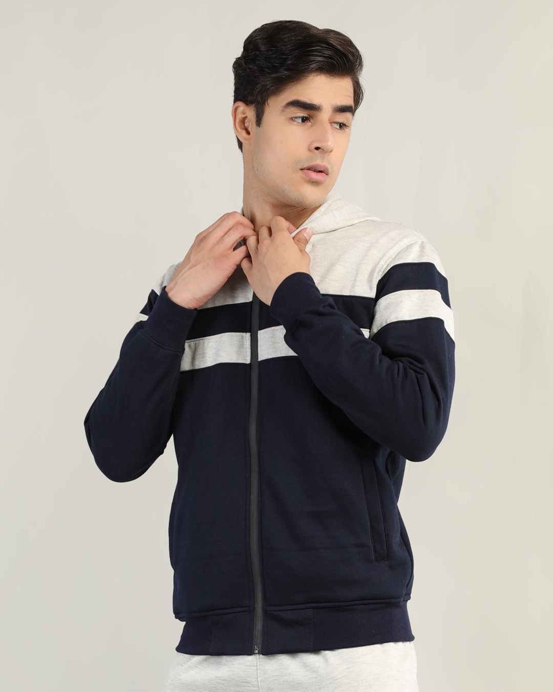 Buy Men's Blue & White Color Block Hooded Jacket Online at Bewakoof