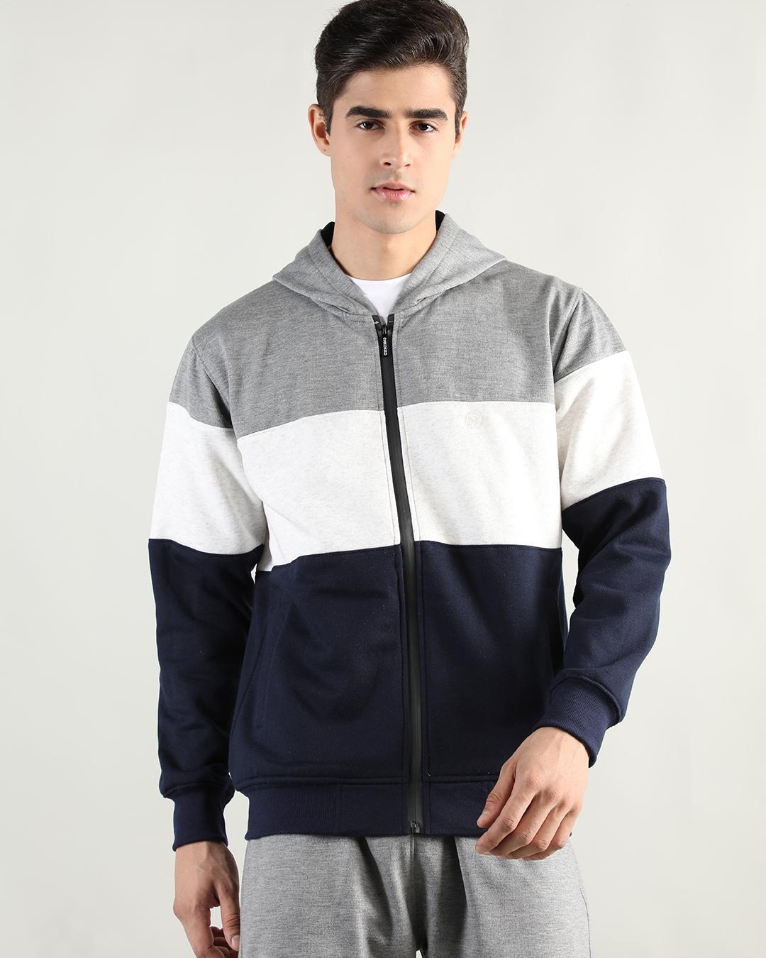 Buy Men's Blue & White Color Block Hooded Jacket Online at Bewakoof