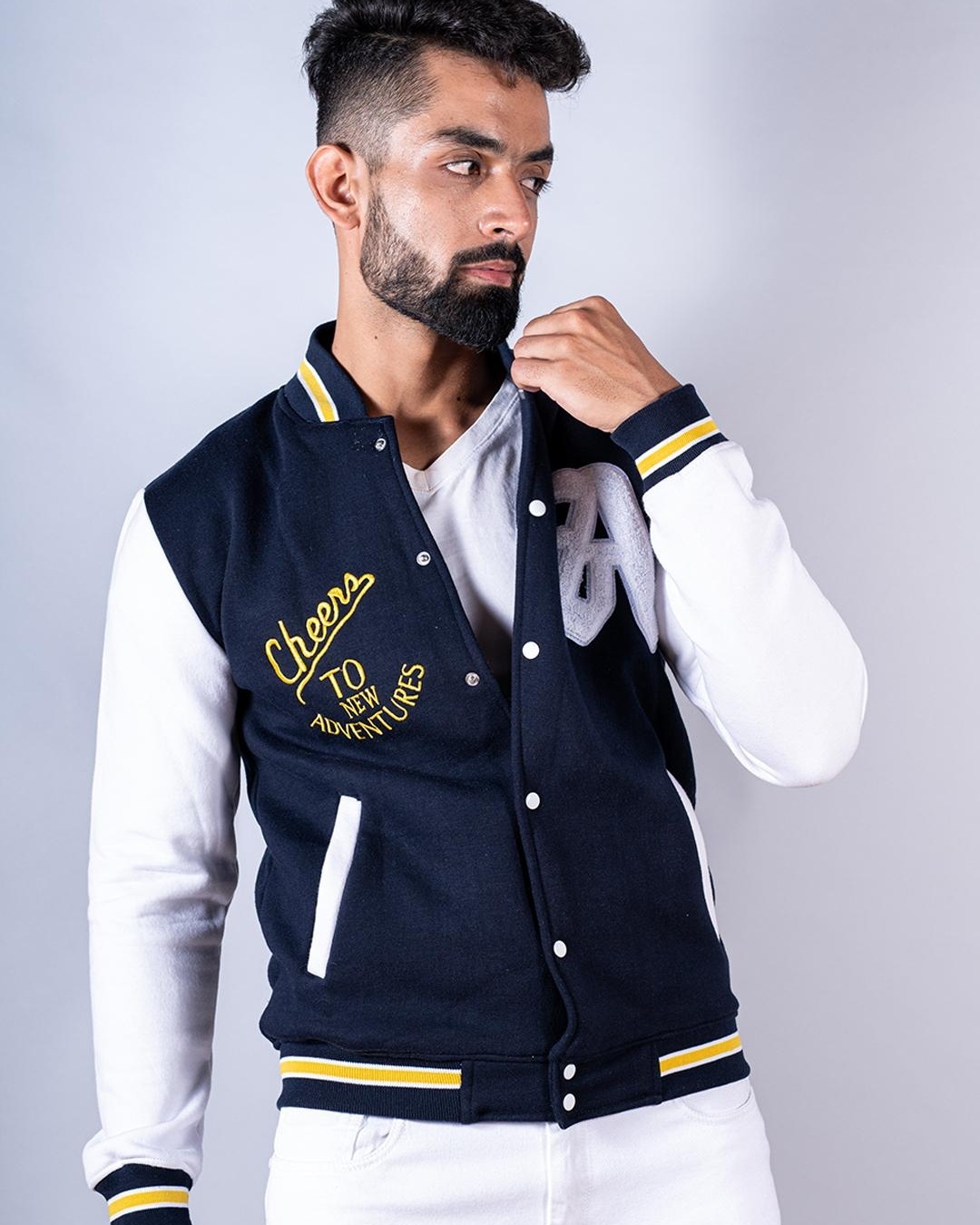 Buy Men's Blue & White LA Color Block Relaxed Fit Varsity Jacket Online ...