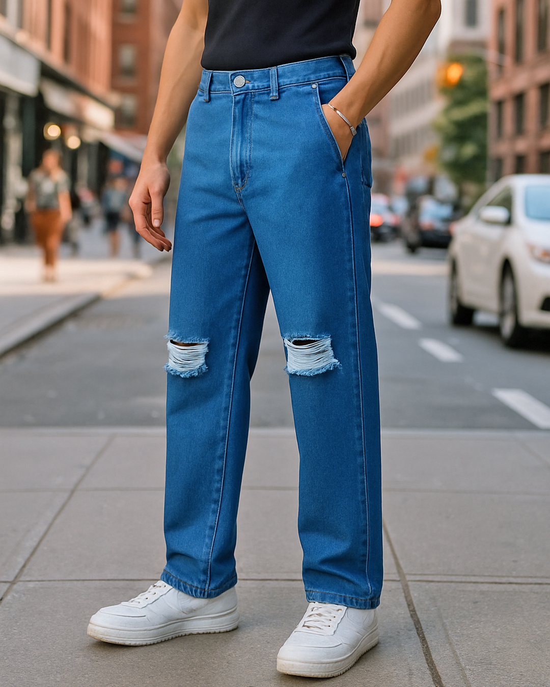 Buy Men's Blue Washed Straight Fit Distressed Mid-Rise Jeans Online at ...