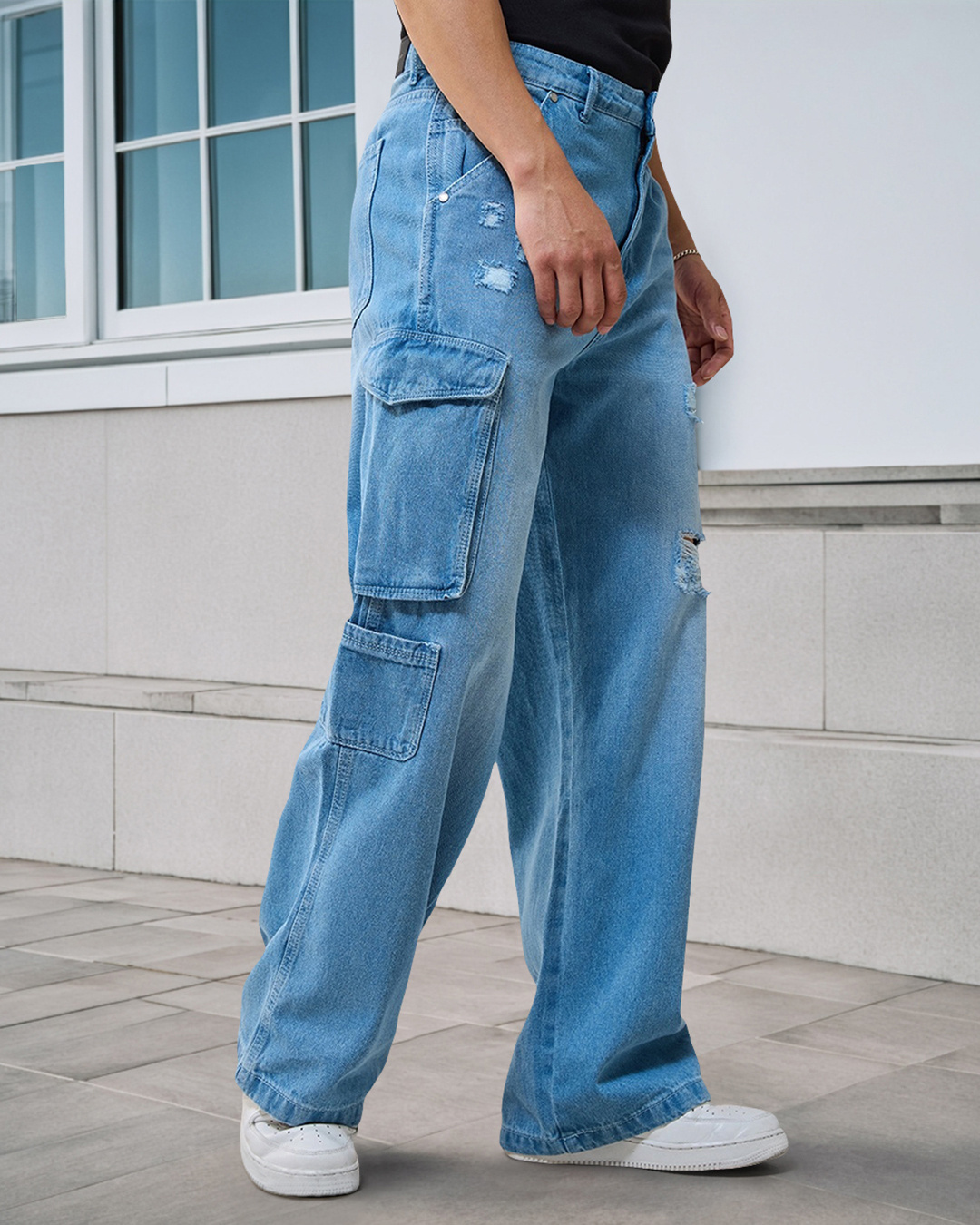 Buy Men's Blue Washed Baggy Fit Distressed Mid-Rise Cargo Jeans Online at Bewakoof