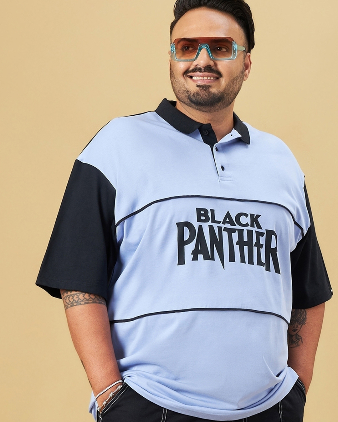Buy Men s Blue Black Panther Graphic Printed Oversized Plus Size Polo T