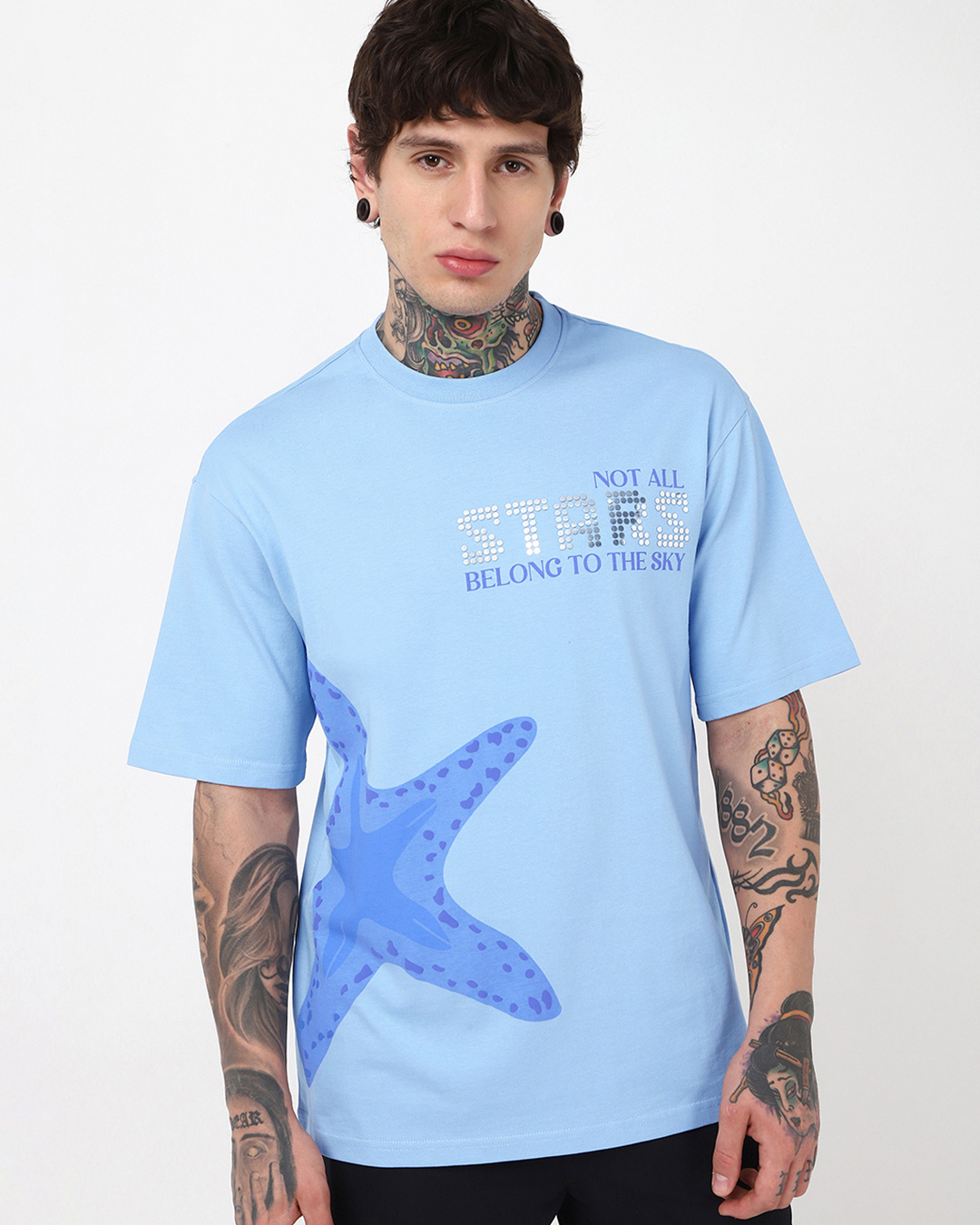 Buy Men's Blue Chambray Blue Star Fish Graphic Printed Oversized T ...
