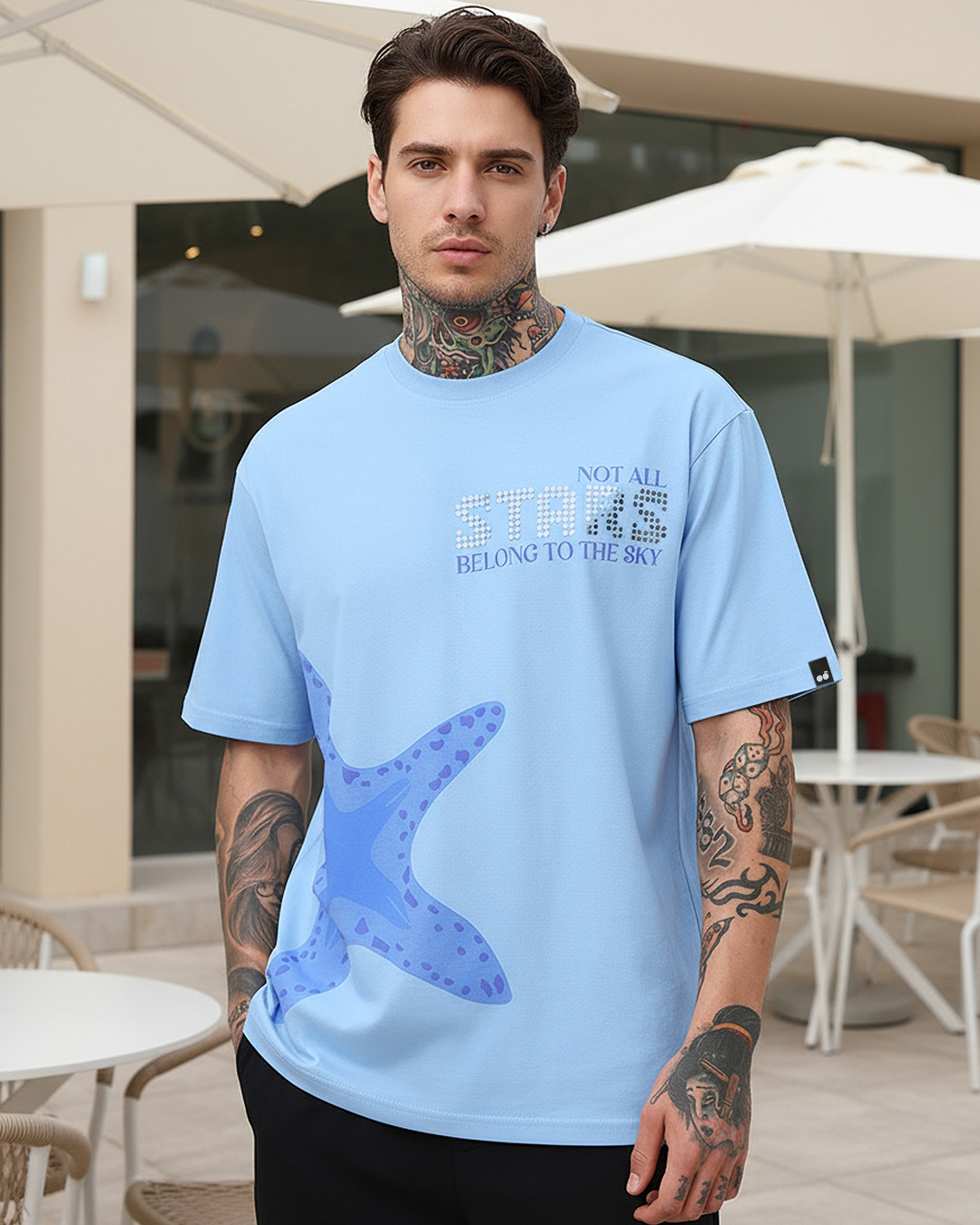 Buy Men's Blue Chambray Blue Star Fish Graphic Printed Oversized T ...