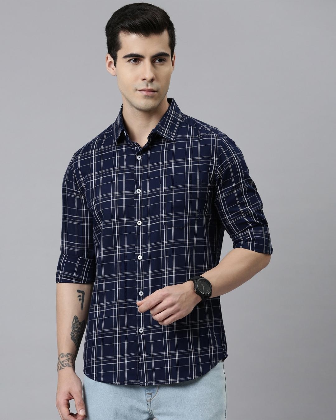 Buy Men's Blue Checked Slim Fit Shirt Online at Bewakoof