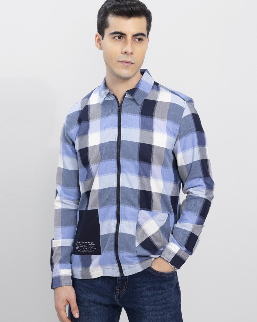 Buy Men's Blue Checked Slim Fit Zipper Shirt Online at Bewakoof