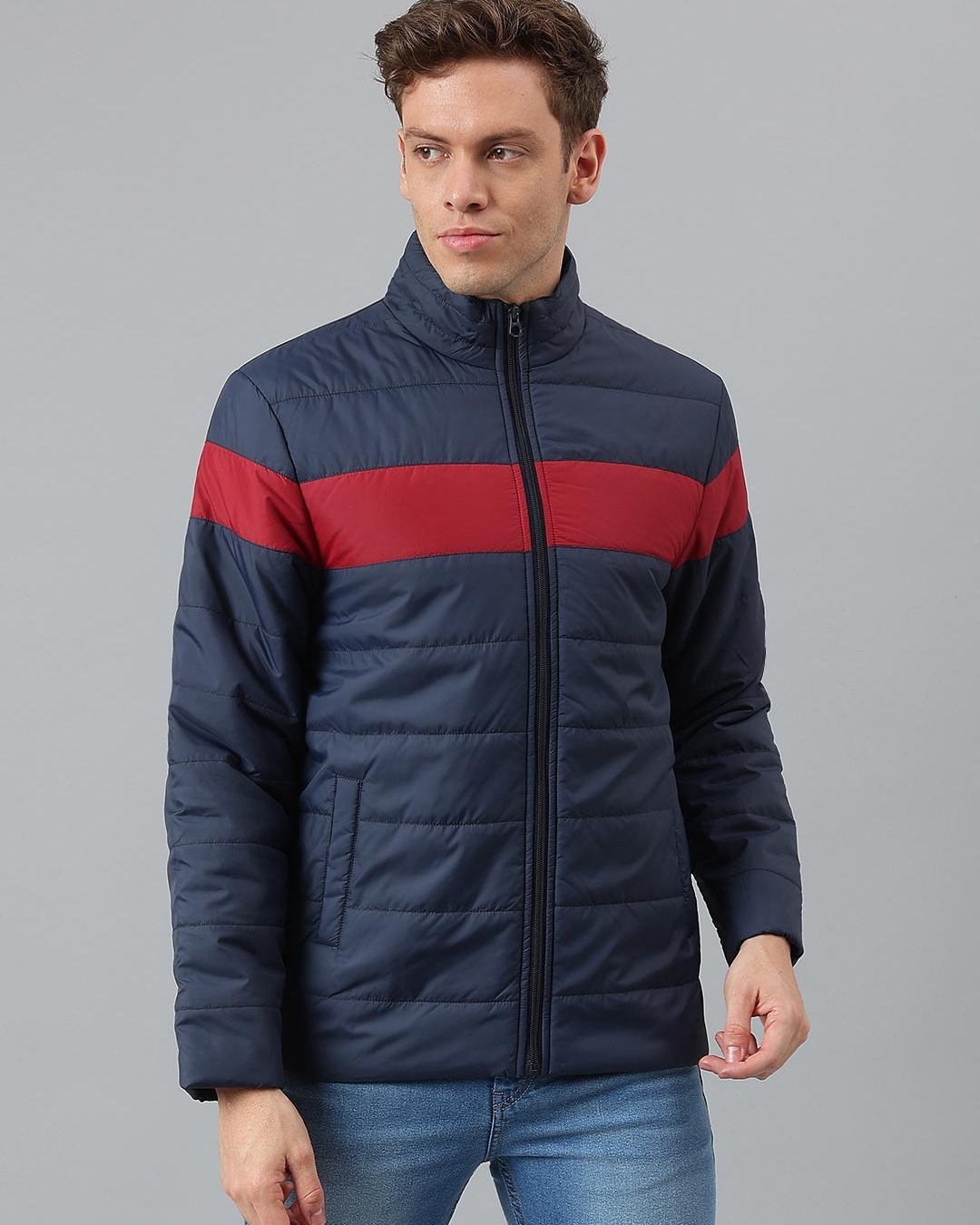 Buy Men's Blue Color Block Puffer Jacket Online at Bewakoof