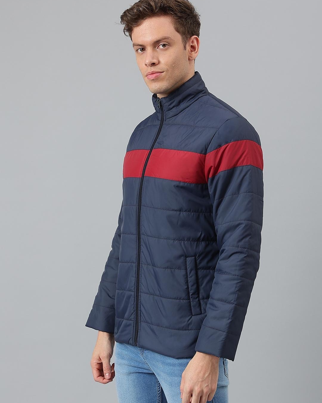 Buy Men's Blue Color Block Puffer Jacket Online at Bewakoof